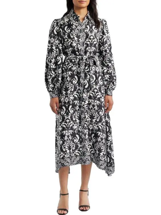 Julia Jordan Scroll Print Long Sleeve Shirtdress - Black Ivory