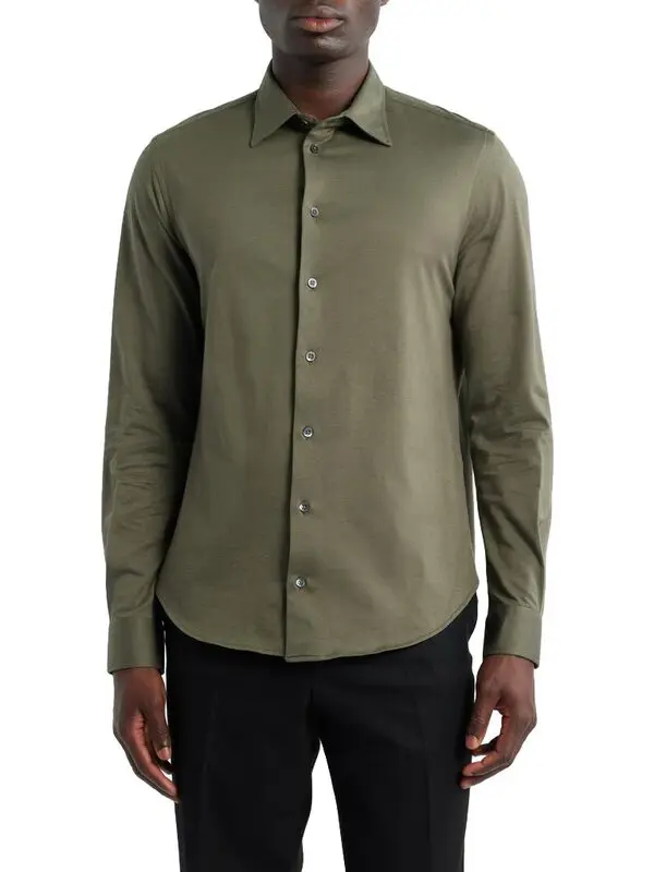 Emporio Armani Solid Cotton Piqué Button-up Shirt - Solid Medium Green
