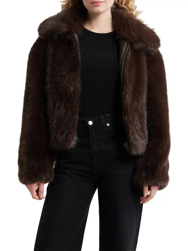 Bcbgmaxazria Cropped Faux Fur Jacket - Dark Mocha