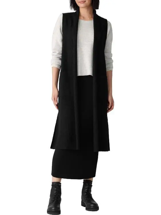 Eileen Fisher Shawl Collar Wool Longline Vest - Black