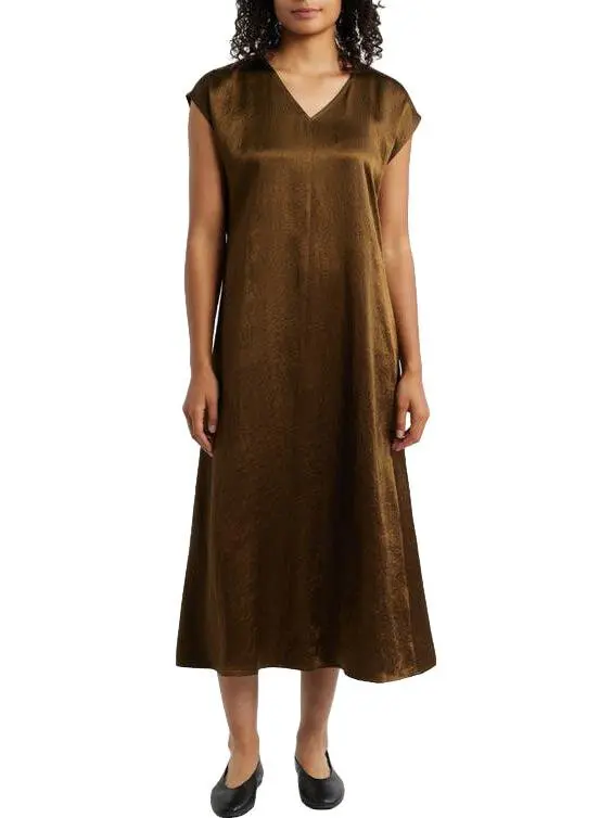 Eileen Fisher Crinkled Satin Midi Dress - Serpentine