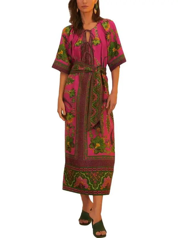 Farm Rio Floral-print Maxi Dress With Self-tie Belt - Pink
