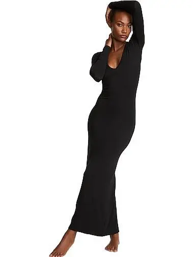 Victoria's Secret Sosoft™ Modal Ribbed Deep-v Long-sleeve Maxi Dress - Black