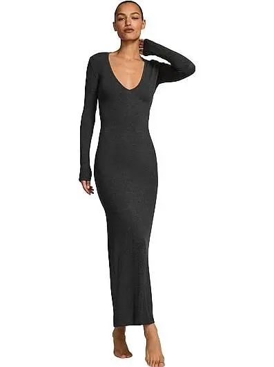 Victoria's Secret Sosoft™ Modal Ribbed Deep-v Long-sleeve Maxi Dress - Grey