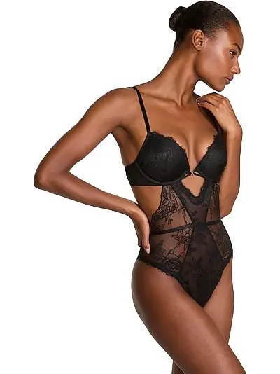Victoria's Secret Very Sexy Rose Lace Push-up Teddy - Black