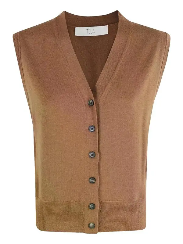 TELA Button-front Sleeveless Cardigan - Brown