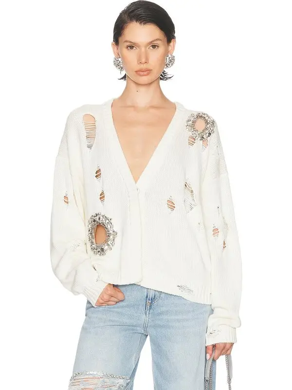 AREA Distressed Crystal Cardigan - Cream