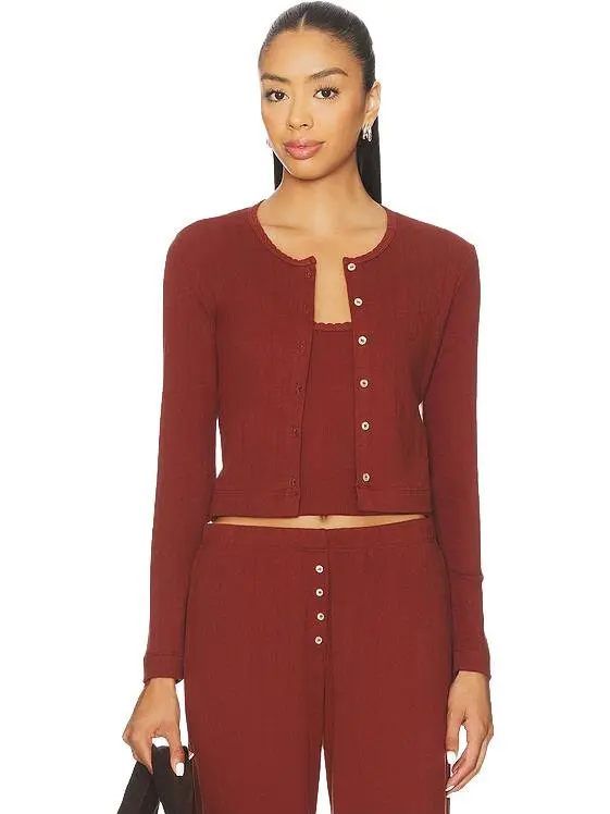 LESET Pointelle Crop Cardigan - Brick