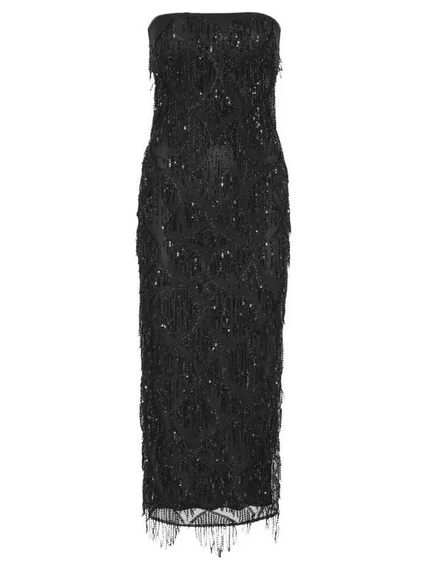 ROTATE BY BIRGER CHRISTENSEN Sequin Embellished Fringe Midi Tube Dress - Black