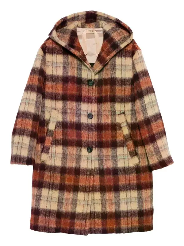 N°21 Hooded Checked Coat - Brown