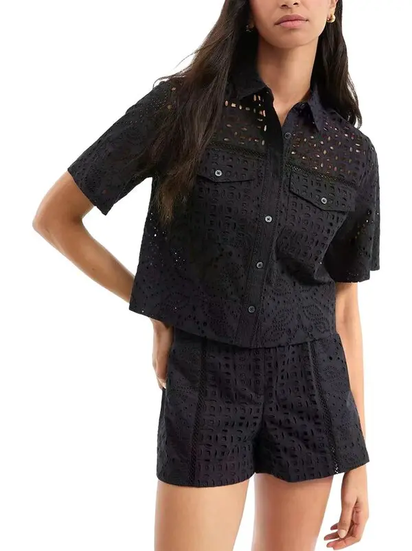 Veronica Beard Eyelet-embroidered Short-sleeve Shirt - Black