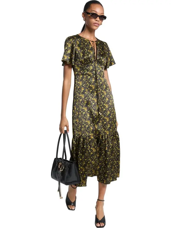 Michael Kors Floral Hammered Satin Midi Dress - Green