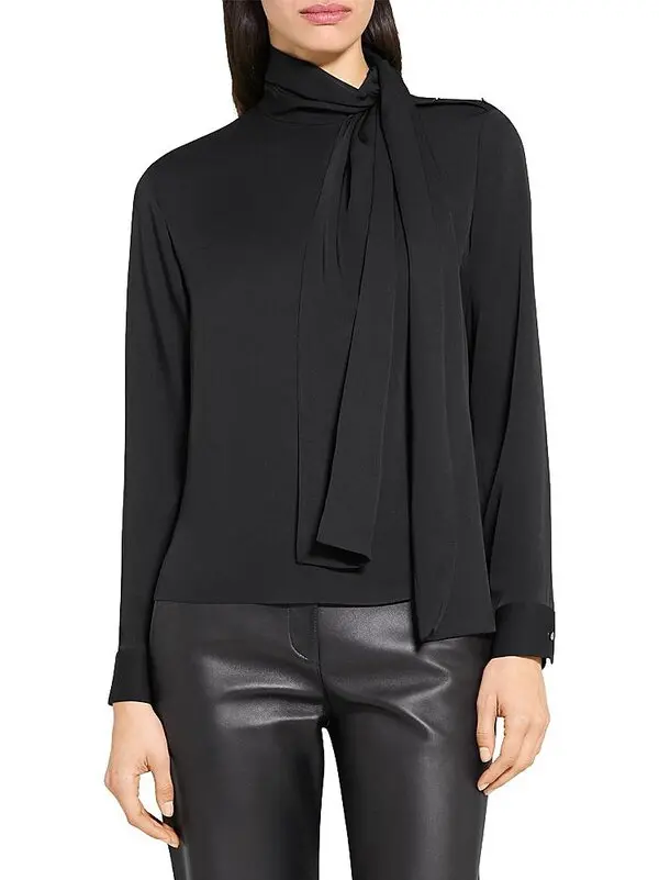 Theory Silk Tie Neck Blouse - Black
