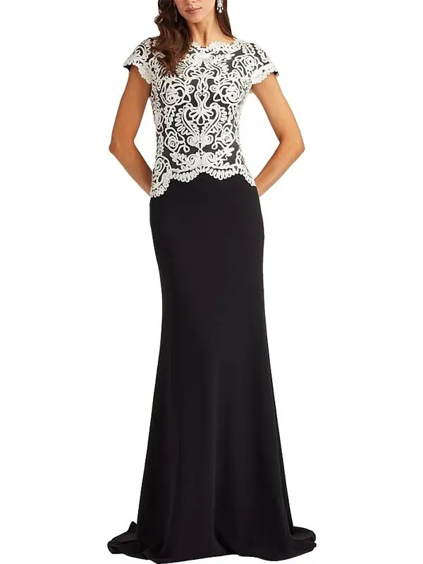 Tadashi Shoji Isadora Embroidered Crepe Gown - Black / Ivory