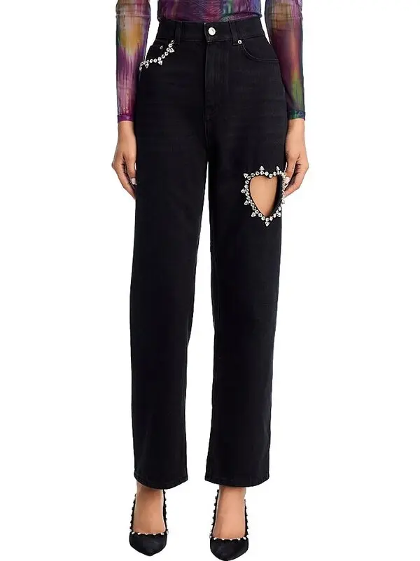 AREA Crystal Heart High-rise Straight-leg Jeans - Black