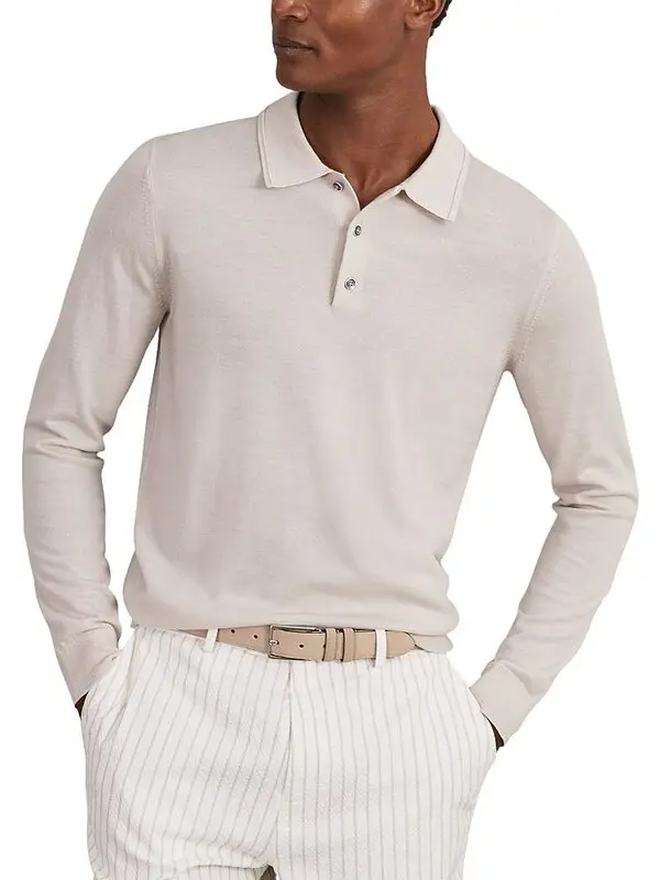 REISS Trafford Long Sleeved Half Button Merino Wool Polo - Beige