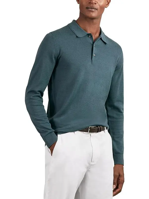 REISS Trafford Long Sleeved Half Button Merino Wool Polo - Orion Blue