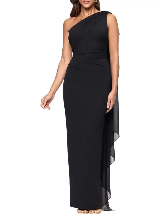 XSCAPE EVENINGS Scarf Detail One-shoulder Scuba Crepe Sheath Gown - Black
