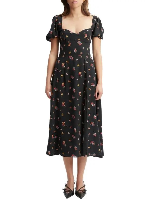 Bardot Gillian Puff Sleeve Midi Dress - Black Floral
