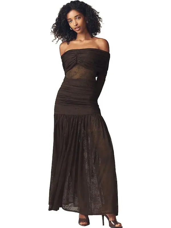 AFRM Emmele Off-the-shoulder Lace Maxi Dress - Coffee Bean
