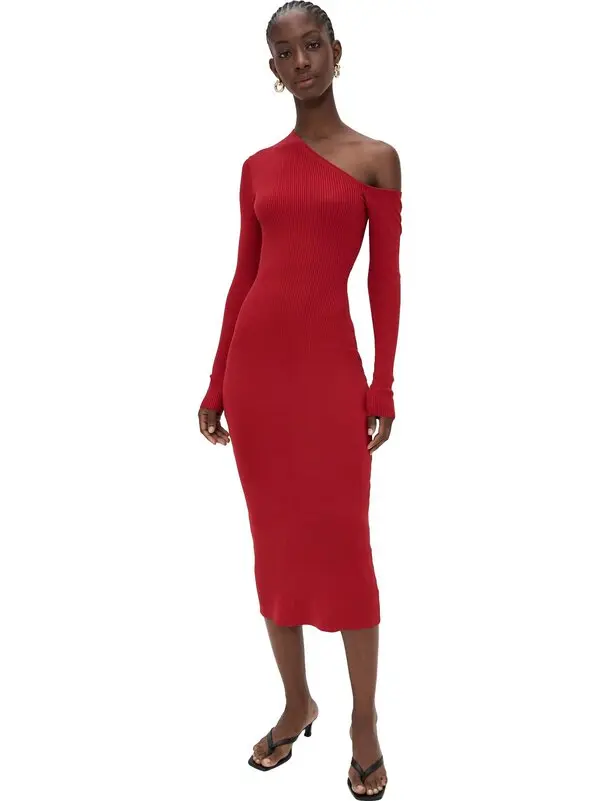 Staud Lois Ribbed Knit One-shoulder Midi Dress - Rouge