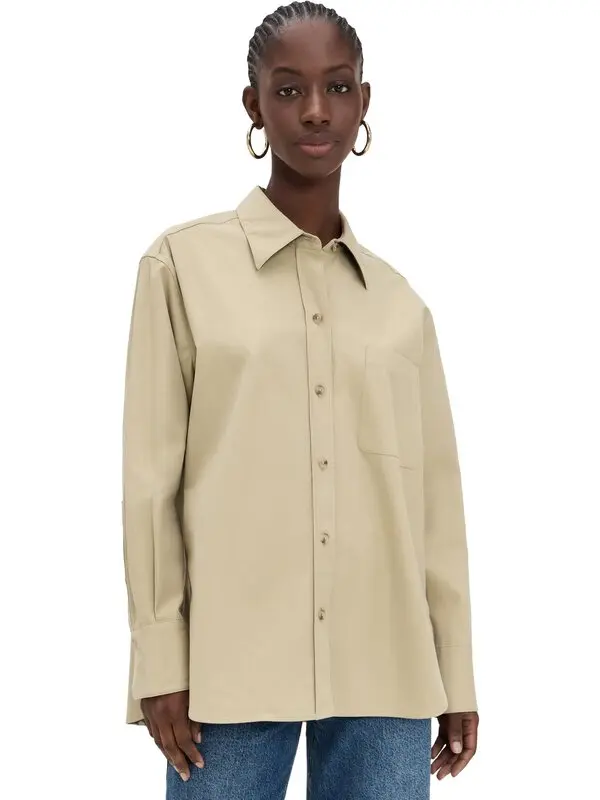 Vince Oversized Poplin Shirt With Faux Leather Trim - Cobble Stone