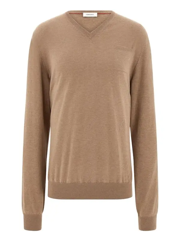 FERRAGAMO V-neck Sweater With Pocket - Beige