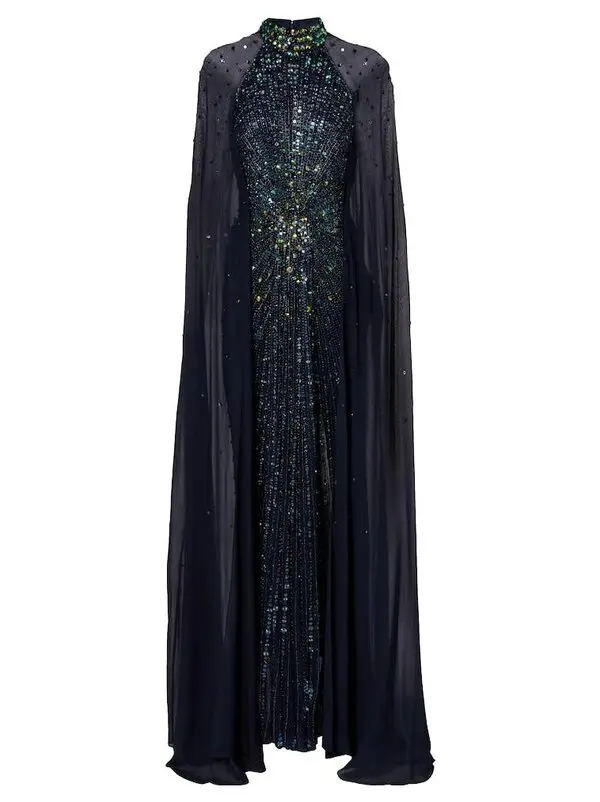Jenny Packham Thea Caped Sequined Gown - Blue
