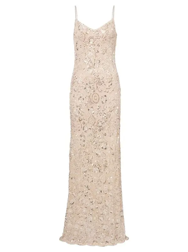 SELF-PORTRAIT Sequined Floral Maxi Dress - Beige