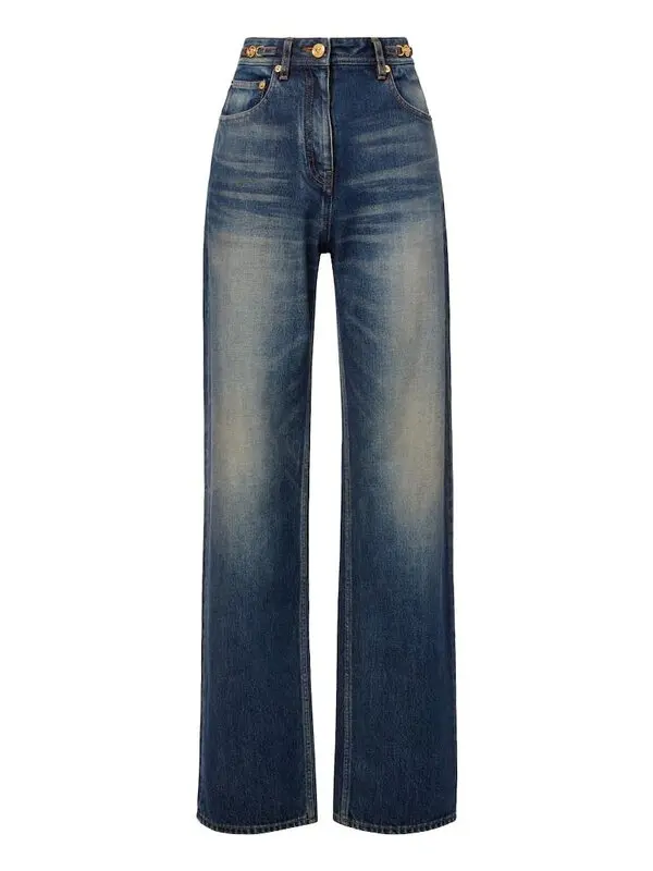 Versace Distressed High-rise Wide-leg Jeans - Blue
