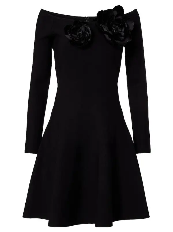 Oscar De La Renta Floral-appliqué Off-shoulder Mini Dress - Black