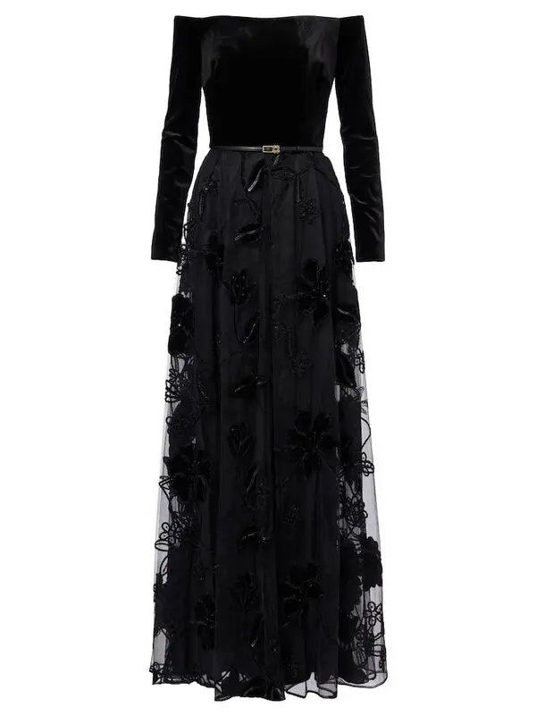 Elie Saab Embroidered Tulle And Velvet Gown - Black