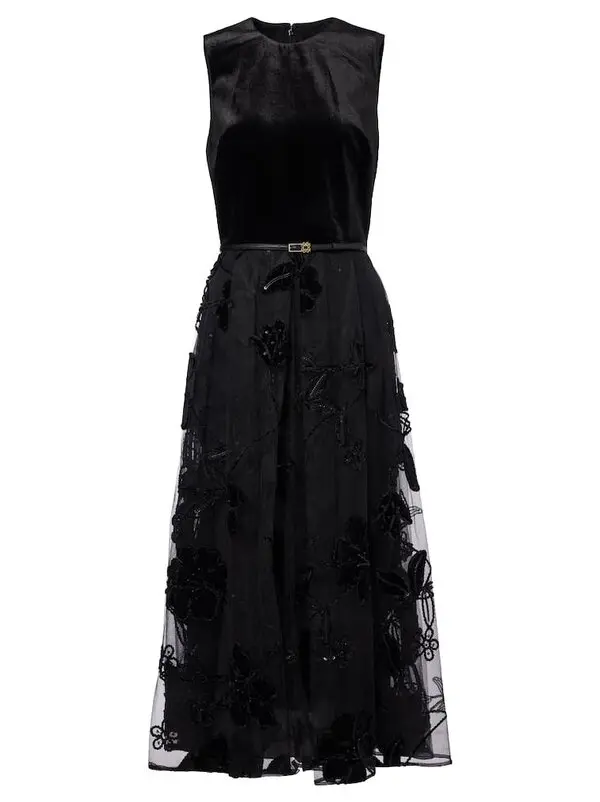 Elie Saab Embroidered Tulle And Velvet Midi Dress - Black