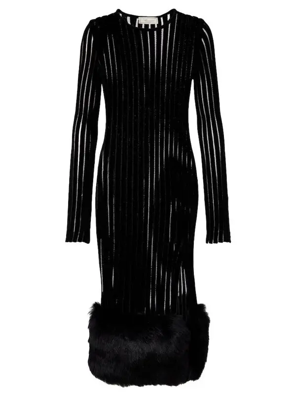 Blumarine Knit Faux Fur-trimmed Midi Dress - Black