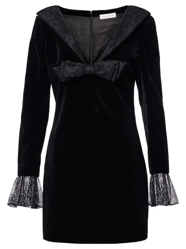 Nina Ricci Lace-trimmed Cotton Velvet Minidress - Black