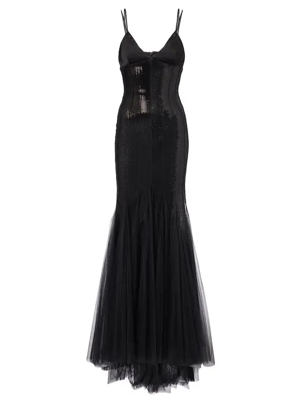 David Koma Sequined Tulle And Satin Gown - Black