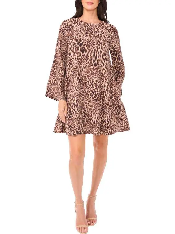 Vince Camuto Abstract Leopard Print Long Sleeve Dress - Rich Taupe