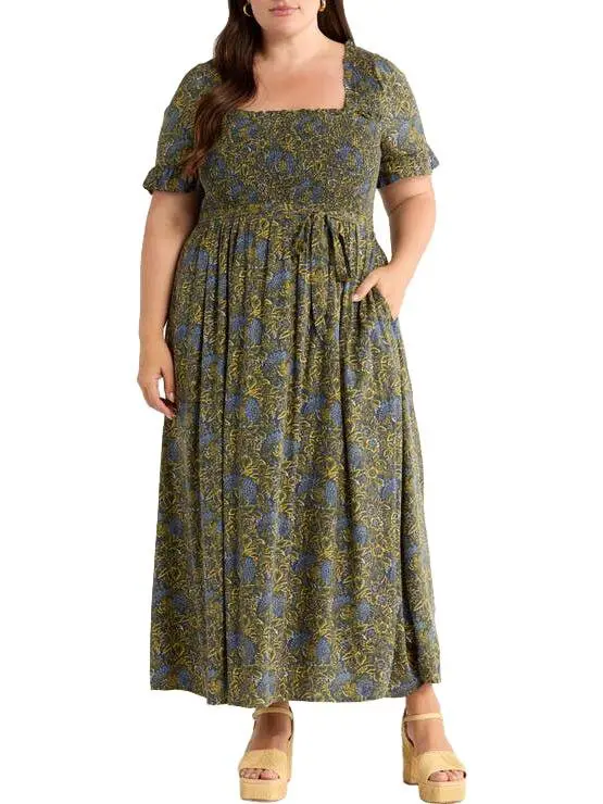 Chelsea28 Smocked Ruffle Maxi Dress - Navy- Yellow Jasmine Boho