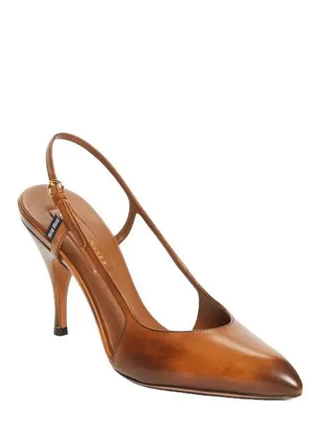 Miu Miu Waxed Calfskin Slingback Pumps - Cognac