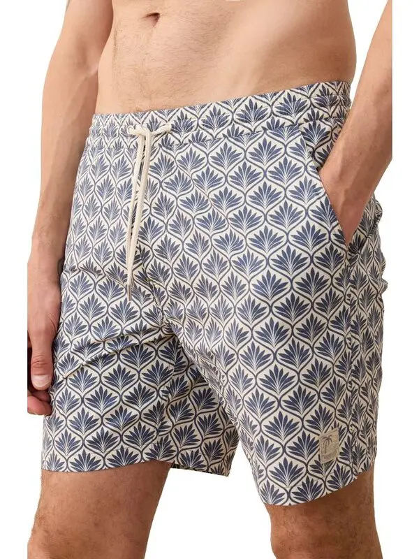 Marine Layer Leaf Print 6-inch Lined Hybrid Swim Trunks - India Ink Agave Print