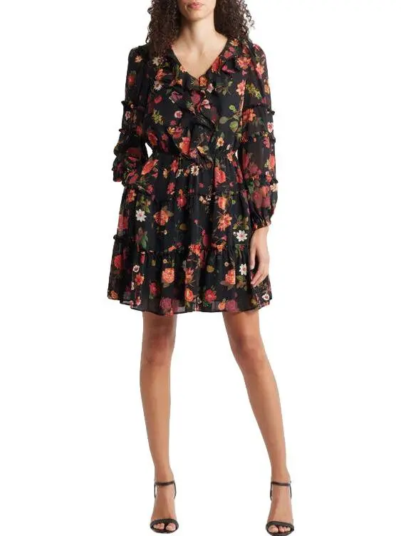 CECE DUPRAZ Floral Ruffle Dress - Ruby Wine