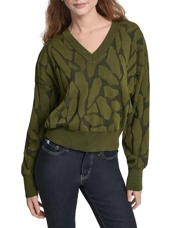 Dkny Jacquard V-neck Sweater - Dark Olive