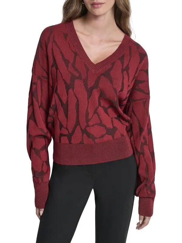 Dkny Jacquard V-neck Sweater - Merlot