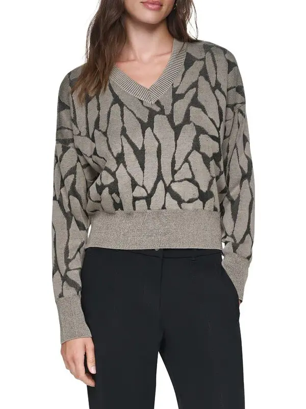 Dkny Jacquard V-neck Sweater - Putty