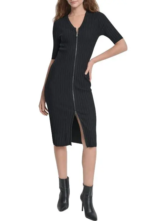 Dkny Ribbed Front Zip Sweater Dress - Black