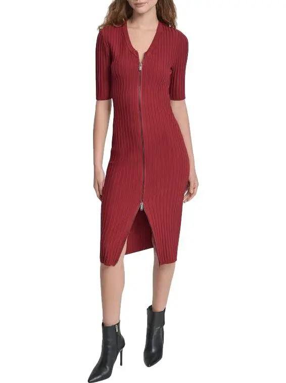 Dkny Ribbed Front Zip Sweater Dress - Merlot