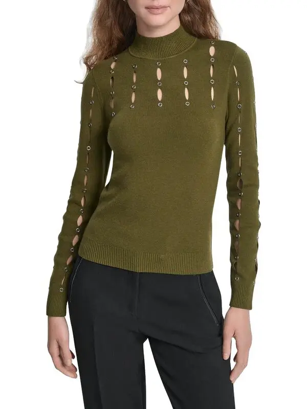 Dkny Grommet Cutout Detail Mock Neck Sweater - Dark Olive