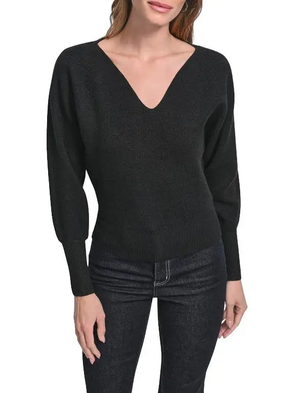 Dkny V-neck Dolman Sleeve Pullover Sweater - Black