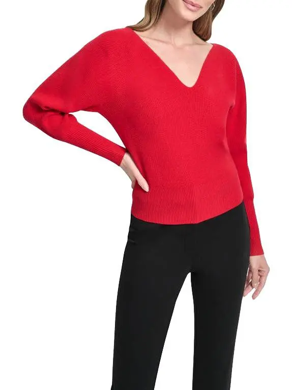 Dkny V-neck Dolman Sleeve Pullover Sweater - City Crimson