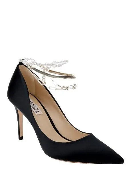 Badgley Mischka Verna Chain Ankle Strap Pointed Toe Pump - Black Satin